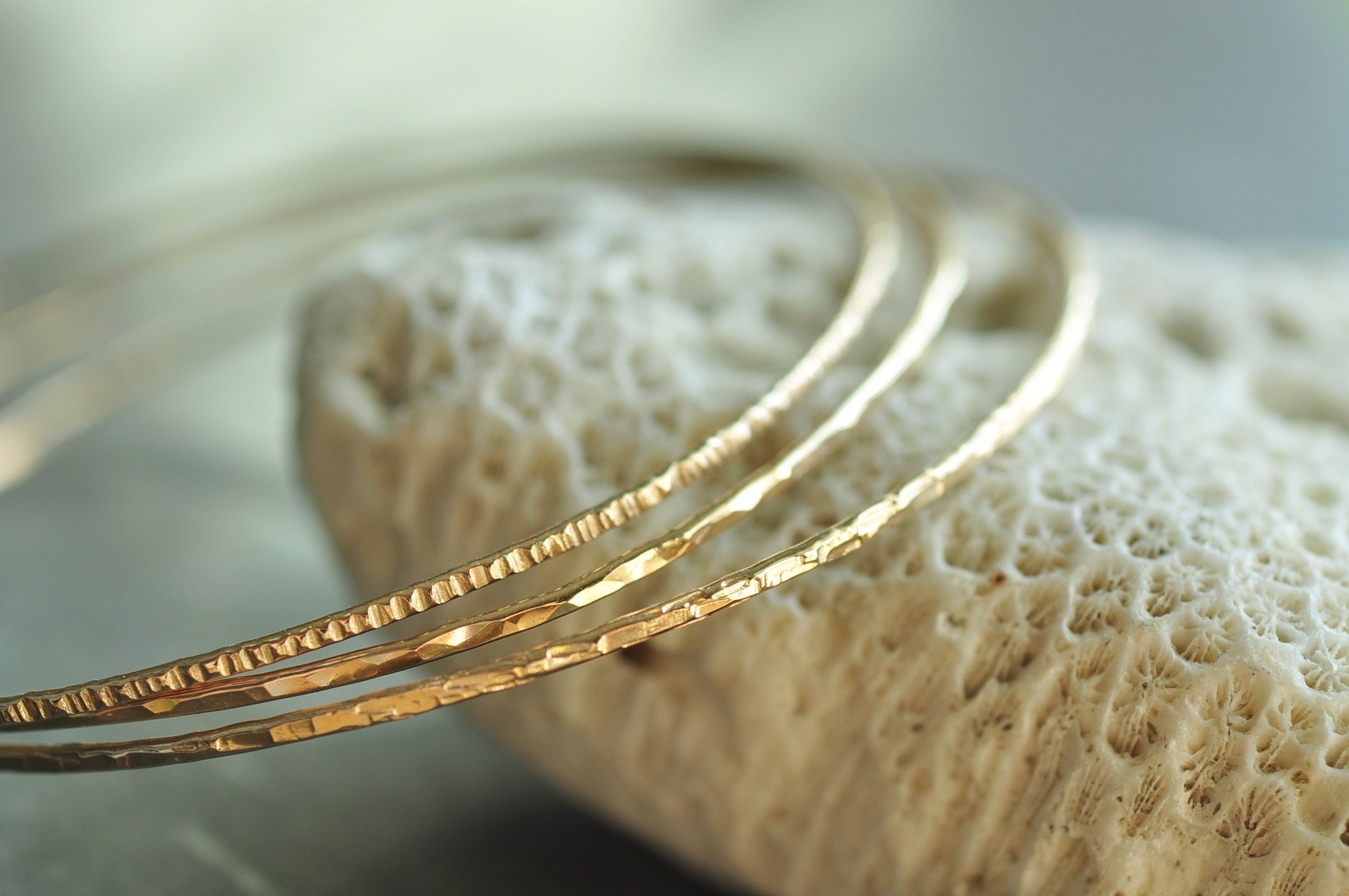 14k gold filled Bangles hammered slip on set of 3 textures, Mu-Yin Jewelry Handmade in USA (M)