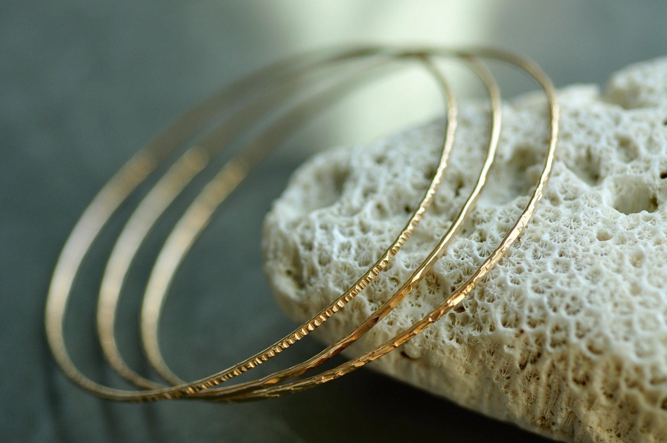 14k gold filled Bangles hammered slip on set of 3 textures, Mu-Yin Jewelry Handmade in USA (M)