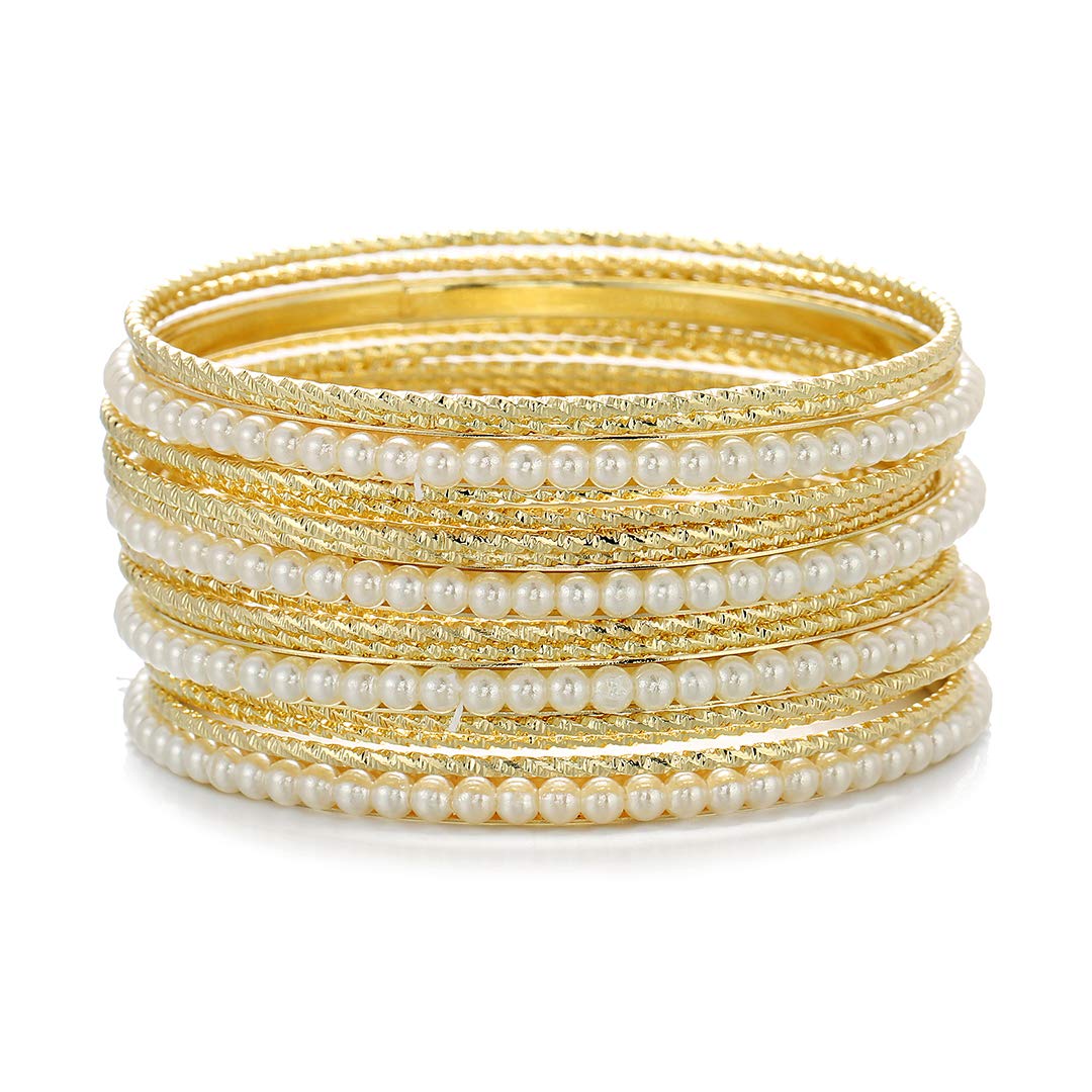 Ensoul Shiny Gold With Lt.Cream White Color Acrylic Pearl-beads Mixed Metal Girls&Women Bangles Set of 17