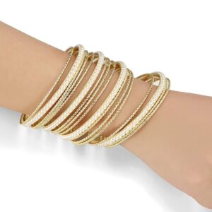 Ensoul Shiny Gold With Lt.Cream White Color Acrylic Pearl-beads Mixed Metal Girls&Women Bangles Set of 17