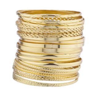 lux accessories indian wedding multi textured and smooth aztec bangle bracelet 24pc set (shiny gold)