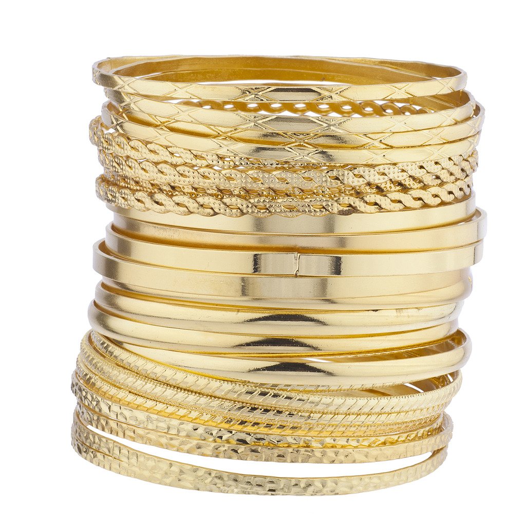 LUX ACCESSORIES Indian Wedding Multi Textured and Smooth Aztec Bangle Bracelet 24pc Set (Shiny Gold)