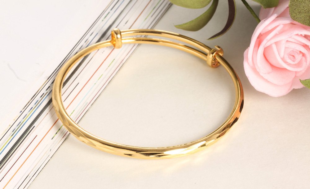 4U 18k Yellow Gold Classical Diamond Cut Adjustable Bangle Bracelet for Women