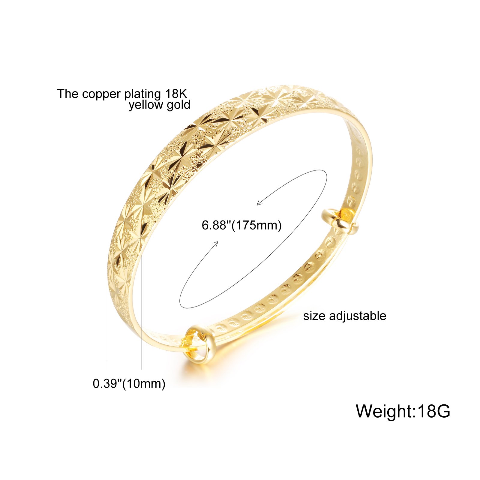 L & J 18K Yellow Gold Diamond Cut Classical Adjustable Bangle Bracelet for Women