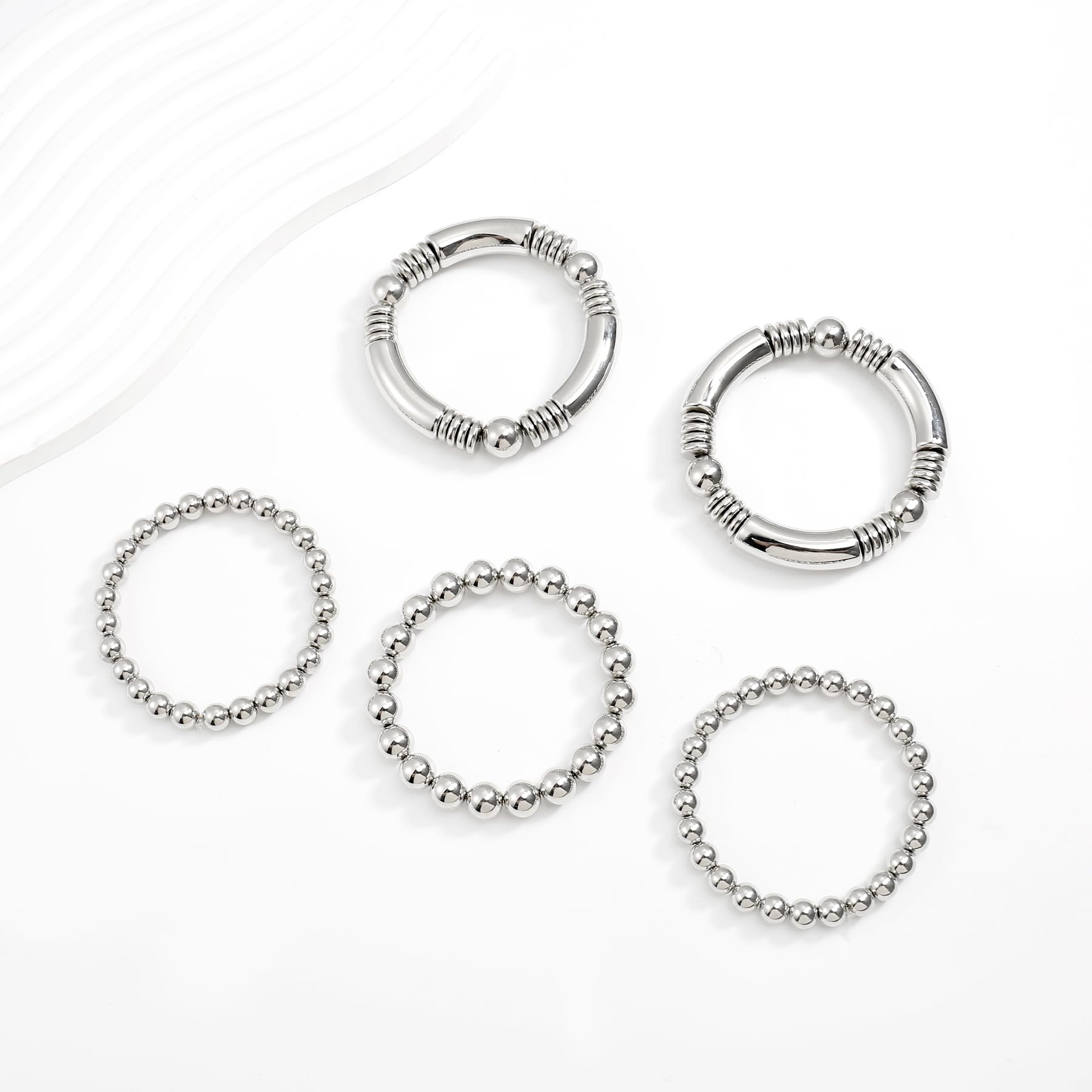 Silver Bangles Bracelet for Women Chunky Curved Stacking Plated Bead Ball Stretchable Bracelets