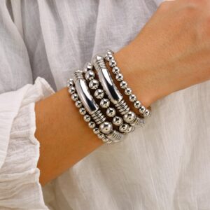 Silver Bangles Bracelet for Women Chunky Curved Stacking Plated Bead Ball Stretchable Bracelets