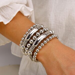 Silver Bangles Bracelet for Women Chunky Curved Stacking Plated Bead Ball Stretchable Bracelets