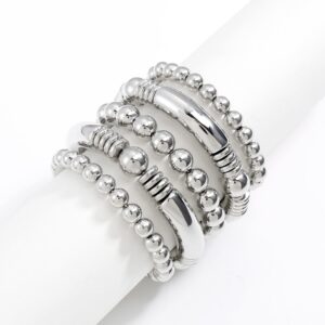 Silver Bangles Bracelet for Women Chunky Curved Stacking Plated Bead Ball Stretchable Bracelets