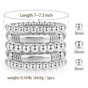 Silver Bangles Bracelet for Women Chunky Curved Stacking Plated Bead Ball Stretchable Bracelets