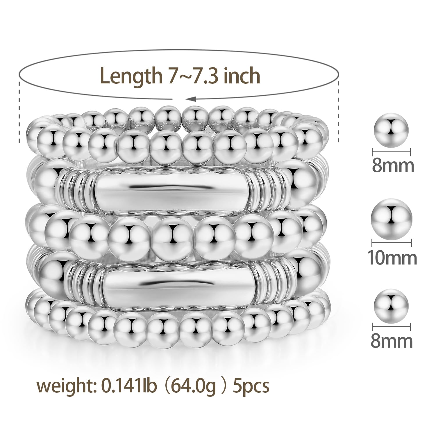 Silver Bangles Bracelet for Women Chunky Curved Stacking Plated Bead Ball Stretchable Bracelets