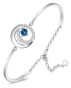 fancime london blue topaz bracelets 925 sterling silver moon and star bangle charm november december birthstone bracelet fine jewelry birthday anniversary christmas gifts for her, chain 6.7"+1.2"