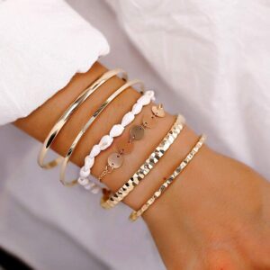 Cocazyw 19pcs Multiple Layered Stackable Open Cuff Wrap Bangle Rose gold Gold Bracelets for Women Jewelry Adjustable Bangles for Girls Set Gifts (Gold)