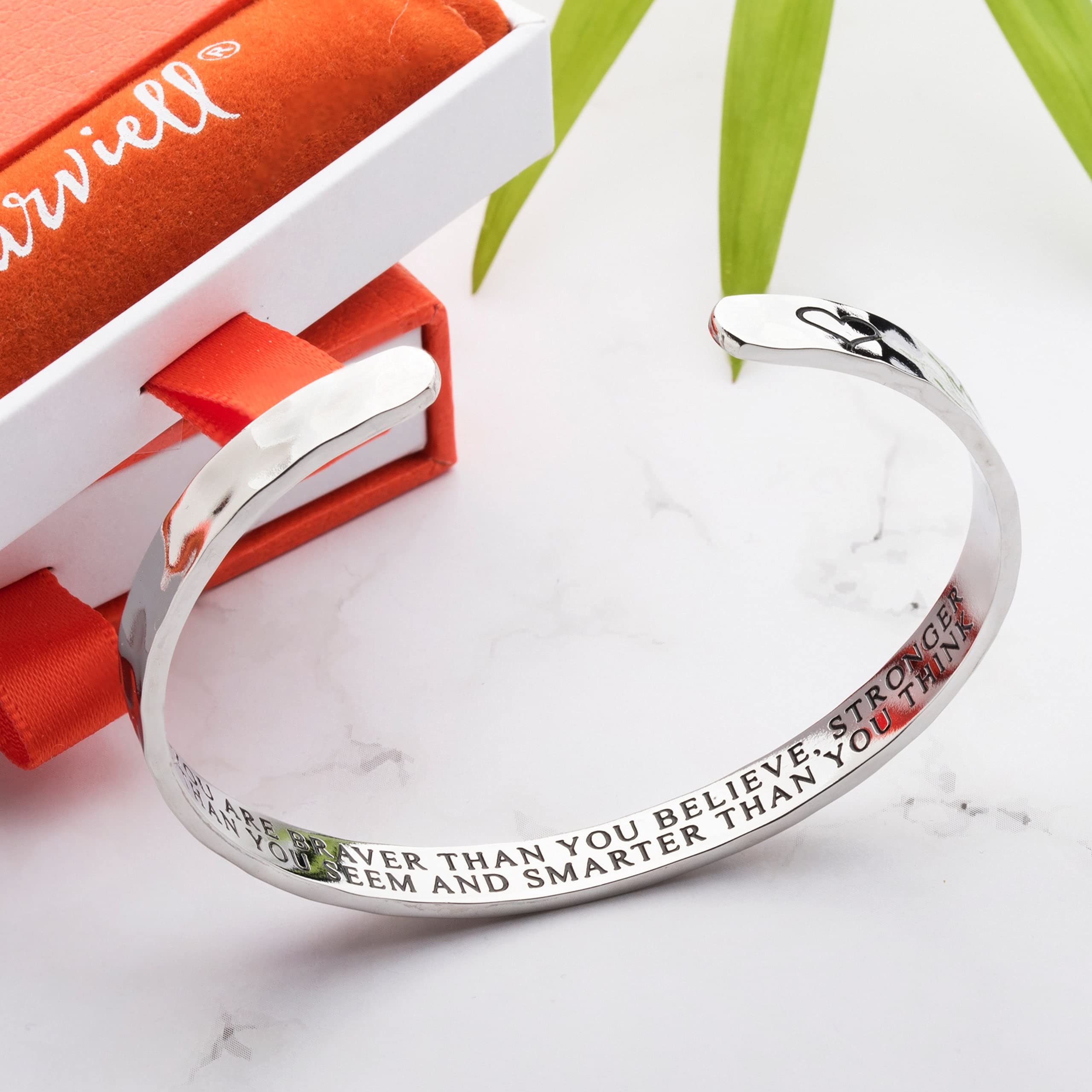 Carviell Inspirational Bracelets for Women, Encouragement Gifts, Women's Bracelets, Mantra Bands You Are Stronger, Motivational Cuff, Gifts for your Best Friend, Engraved Silver Bangle