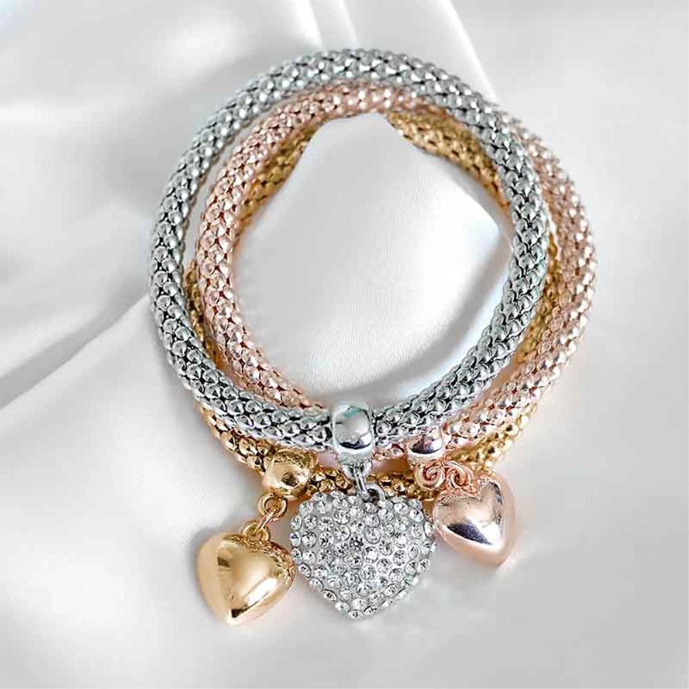 SILANER Crystal Charms Multilayer Bracelets - 3PCS Gold/Silver/Rose Gold Corn Chain Bracelet for Women, Tree of Life Heart Shaped Stretch Bracelet(Solid Hearts Charm)