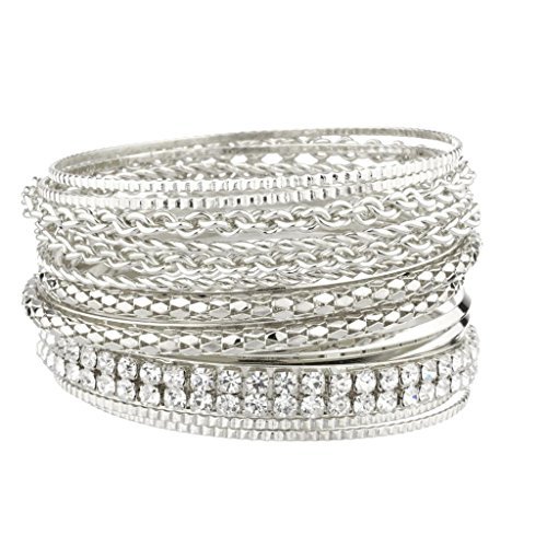 LUX ACCESSORIES Pave Chain Link Mesh Multi Bangle 13 Pc Set (Silver)