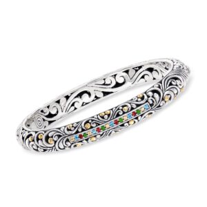 ross-simons 0.86 ct. t.w. multi-gemstone bali-style bangle bracelet in sterling silver with 18kt gold. 7 inches