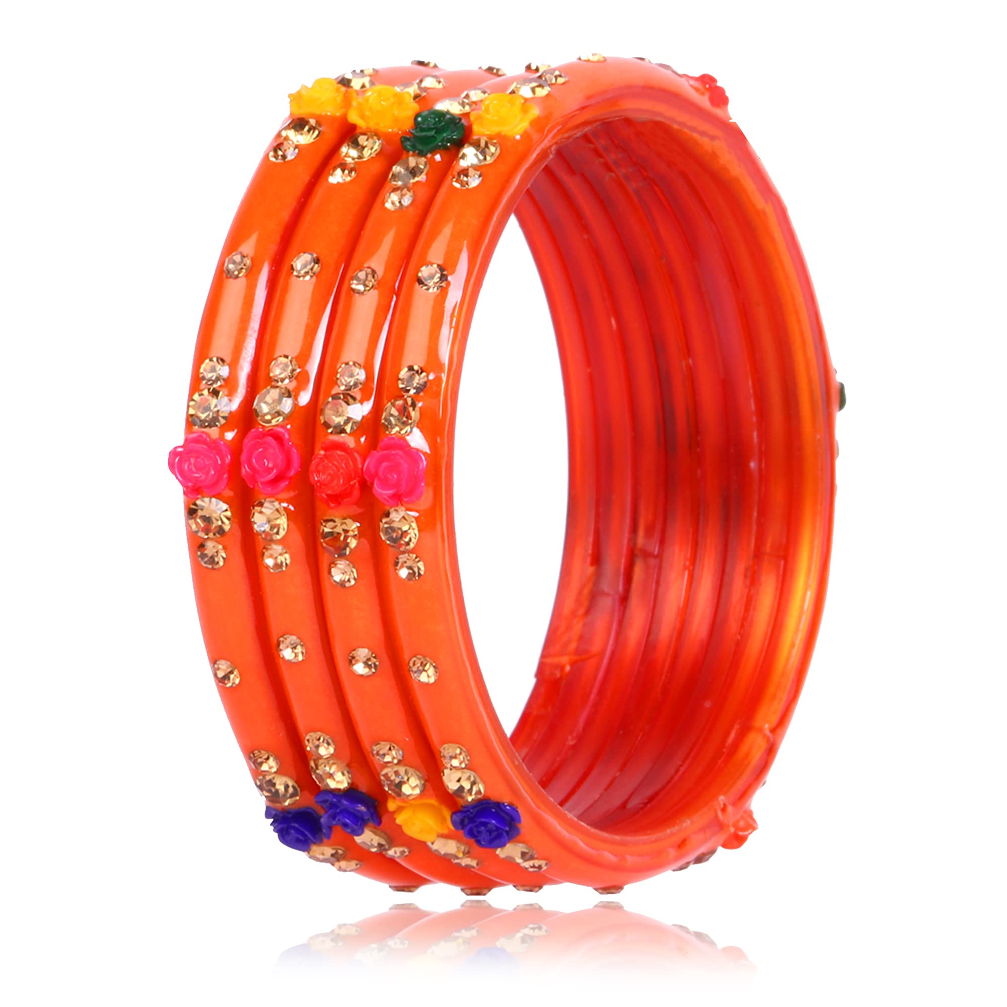 JD'Z COLLECTION Bollywood Bangle Bracelets For Women & Girls Partywear Kada Indian Glass Bangles Jewelry Set Flower Designer Saree Matching 4pc Bangles For Women (Orange, 2.6)