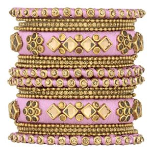 aheli ethnic handmade silk thread faux stone studded bangle set chuda indian wedding wear fashion jewelry for women (light pink)