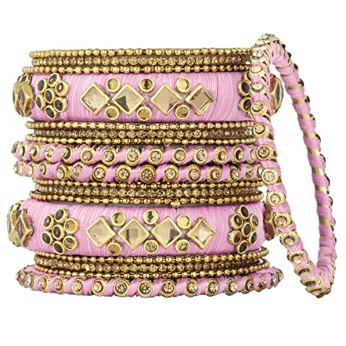 Aheli Ethnic Handmade Silk Thread Faux Stone Studded Bangle Set Chuda Indian Wedding Wear Fashion Jewelry for Women (Light Pink)