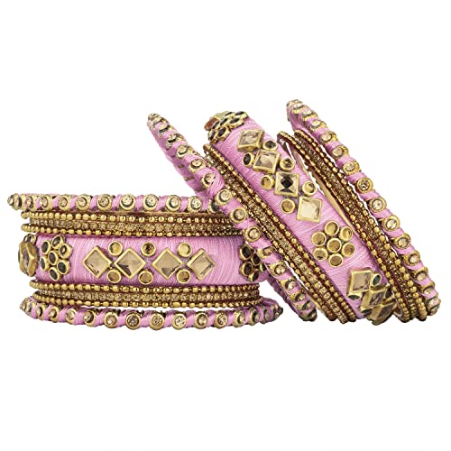 Aheli Ethnic Handmade Silk Thread Faux Stone Studded Bangle Set Chuda Indian Wedding Wear Fashion Jewelry for Women (Light Pink)