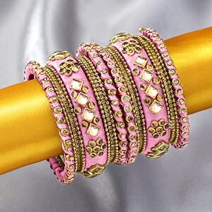 Aheli Ethnic Handmade Silk Thread Faux Stone Studded Bangle Set Chuda Indian Wedding Wear Fashion Jewelry for Women (Light Pink)