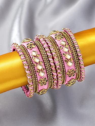 Aheli Ethnic Handmade Silk Thread Faux Stone Studded Bangle Set Chuda Indian Wedding Wear Fashion Jewelry for Women (Light Pink)