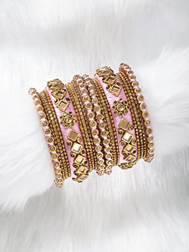 Aheli Ethnic Handmade Silk Thread Faux Stone Studded Bangle Set Chuda Indian Wedding Wear Fashion Jewelry for Women (Light Pink)