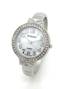 wincci ladies mother of pearl dial metal bangle cuff fashion analog quartz watch with rhinestones (silver)