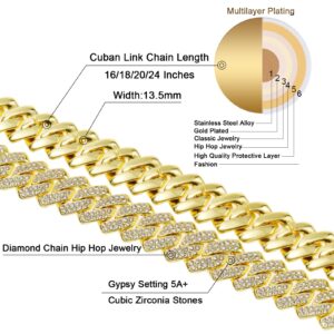 Mens Cuban Link Chain Iced Out Gold Miami Cuban Necklace Bling Diamond Chain Hip Hop Jewelry with Gift Box for Women (Gold-13.5mm,22inch)