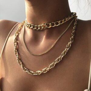 jwicos gold miami cuban link chain for women and girls chunky chain necklace with three layer boho bohemia choker (gold)