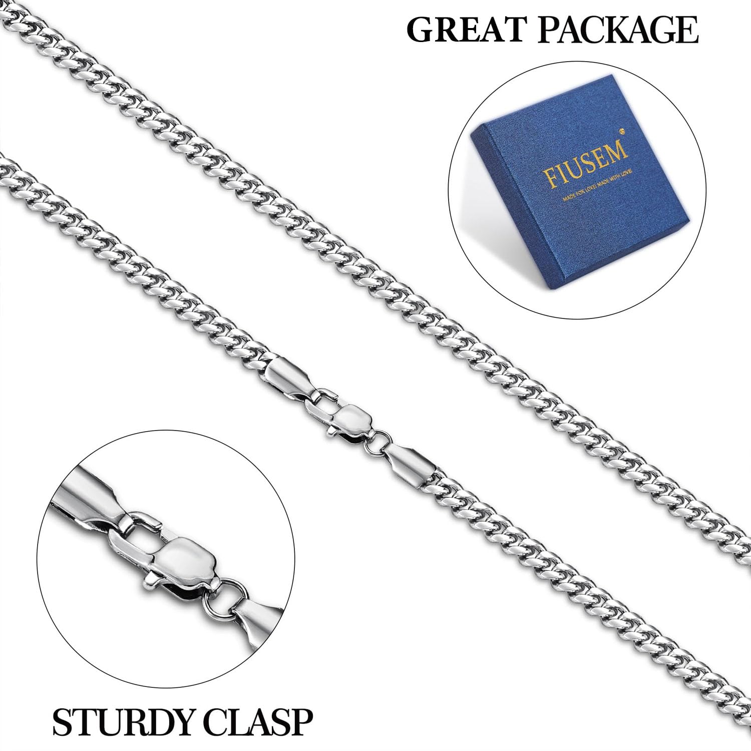 Fiusem Silver Tone Cuban Link Chain for Men, 4mm Mens Chain Necklaces, Miami Cuban Chain Necklace for Men Women 20 Inch