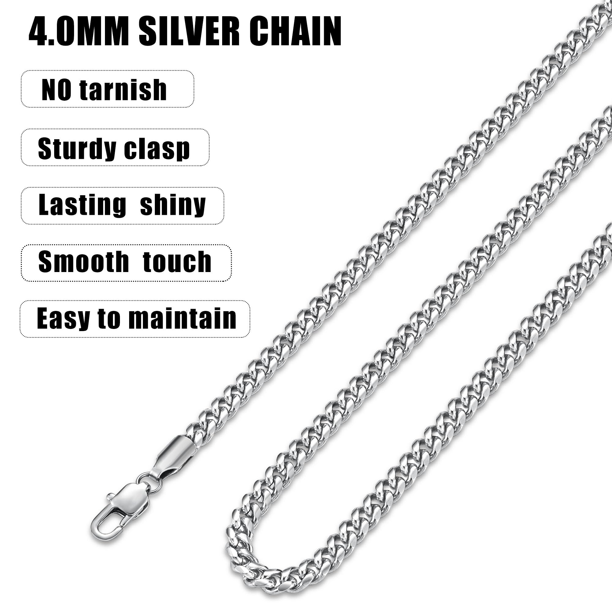 Fiusem Silver Tone Cuban Link Chain for Men, 4mm Mens Chain Necklaces, Miami Cuban Chain Necklace for Men Women 20 Inch