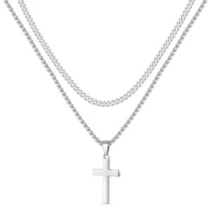 silver cross chain necklaces for men, stainless steel cuban link cross necklace silver chain cross pendant necklace for men women boys simple jewelry 18 inches