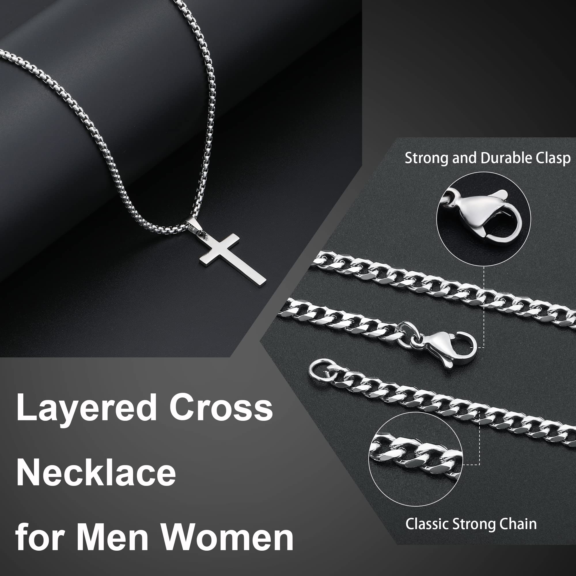 Silver Cross Chain Necklaces for Men, Stainless Steel Cuban Link Cross Necklace Silver Chain Cross Pendant Necklace for Men Women Boys Simple Jewelry 18 Inches