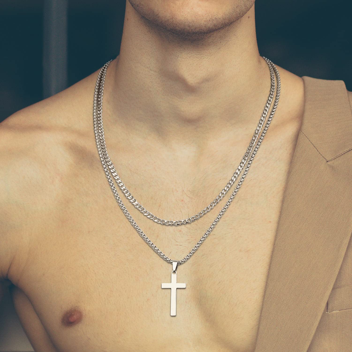 Silver Cross Chain Necklaces for Men, Stainless Steel Cuban Link Cross Necklace Silver Chain Cross Pendant Necklace for Men Women Boys Simple Jewelry 18 Inches