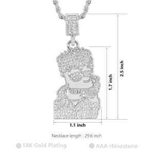 putouzip Bart Chain Necklace 18K Gold Plated Fully Iced Out Zircon Stainless Steel Pendant For Men Gift(Silver)