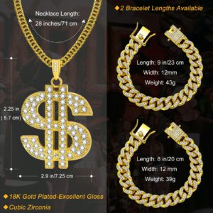 2 Pcs Gold Chain Dollar Sign Necklaces with Cuban Link Bracelet Set, 80s 90s Costume Big Fake Gold Chains Money Pendant Hip Hop Rapper Punk Jewelry for Men Women Party Accessories