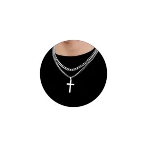 senran layered cross necklace for men boys stainless steel layered cuban link chain 16-24 inch christian cross pendant religious jewelry gifts(s-18-20)