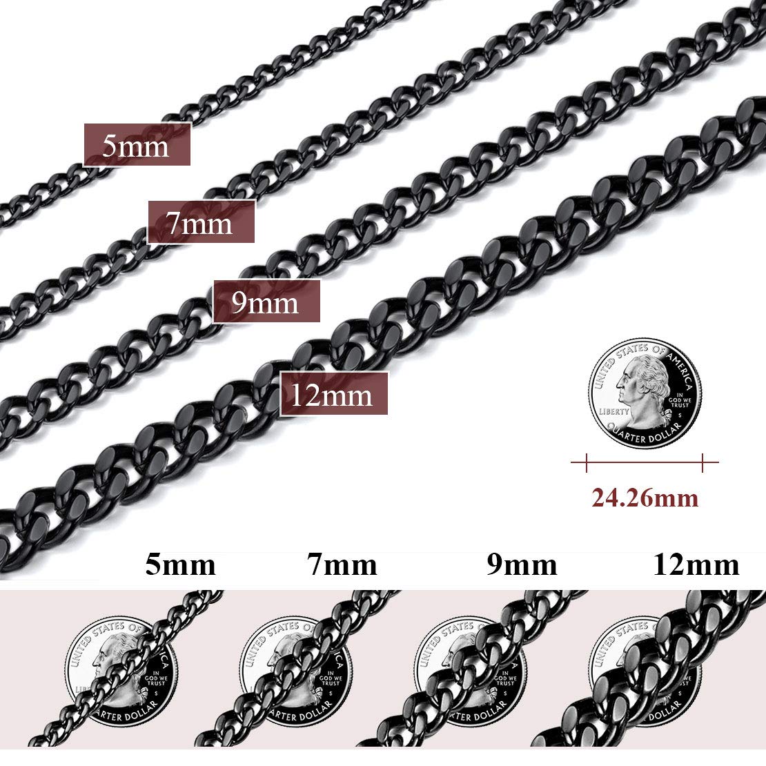 FindChic 7mm 18'' Men Black Curb Chain Necklace Thick Link Chains for Men