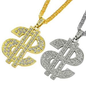 2 pcs hip hop gold chain accessories mens dollar sign necklaces money necklace fake gold chain pendant necklace simple gold party prom necklace money sign necklace for men long gold plated necklace