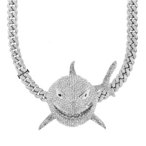 xikui diamond necklace chain, 18k gold plated hip hop shark pendant with cuban chain width 13mm length 19.7in(50cm) for men/women(silver)