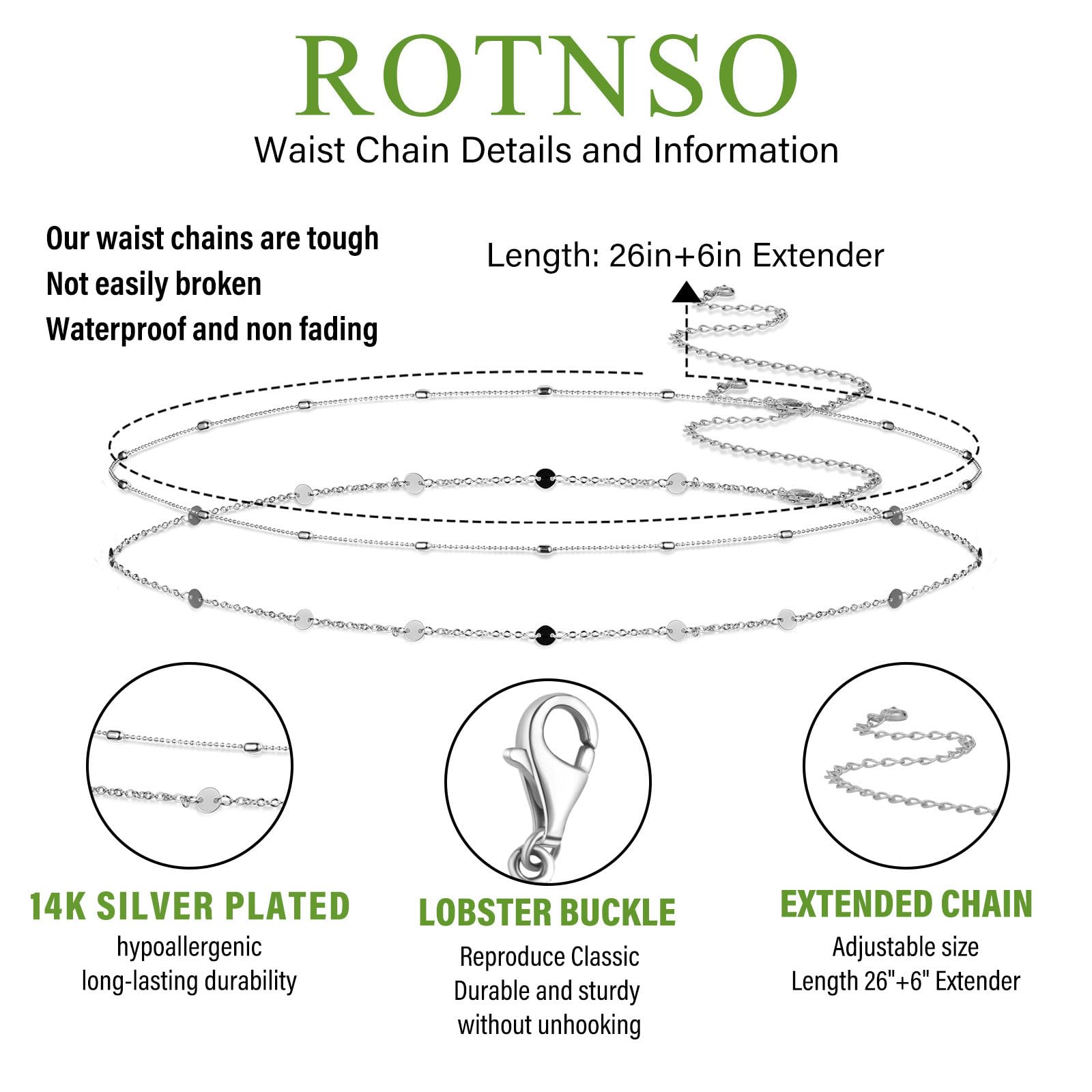 Rotnso 14K Gold Plated Body Chains | Dainty Boho Layered Beach Waist Chain | Adjustable Bikini Belly Chain | Jewelry Accessories for Women sexy