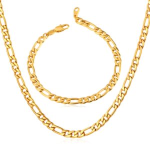 u7 5mm figaro chain boy men fashion jewelry 18k gold plated stainless steel link bracelet & necklace set (8.3",18")