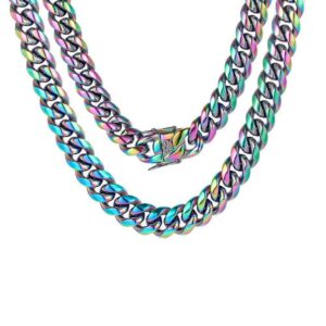 rowin&co mens chunky miami cuban link chain - rainbow multicolor stainless steel curb necklace, nickel-free, colorful chains, hip hop jewelry choker chain, 15mm/18-35 inch.