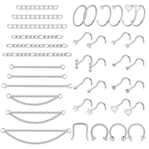 loremow 38pcs 316l stainless steel nose chain for women men heart nose ring chain double nose chain piercing across nose cz nose piercing stud nostril jewelry silver s