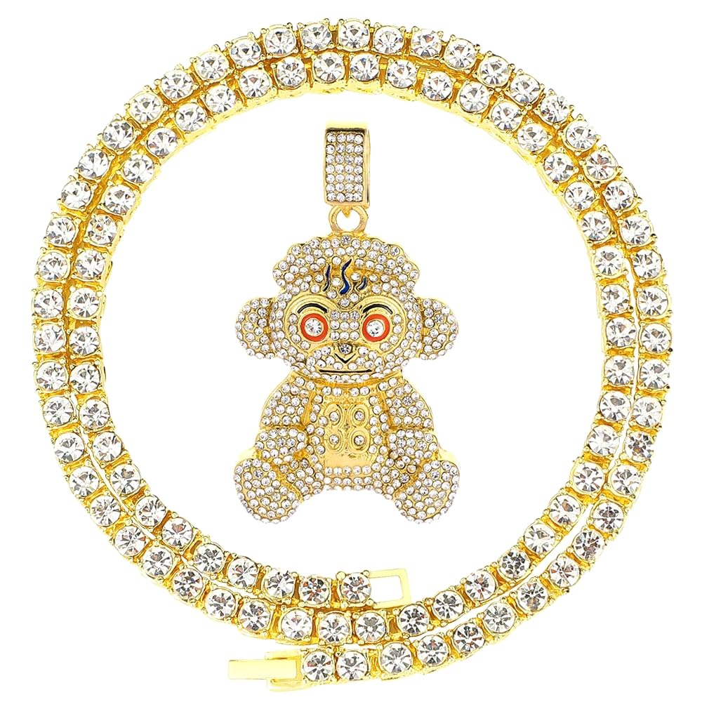 FW Jewelry Mens Hip Hop Iced Out Chain Necklaces Silver Gold Pendant Chains for Boys 22 Inch (Gold Monkey, Rope Chain)