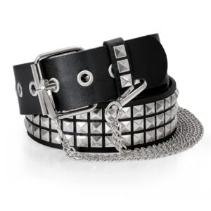 xzqtive studded belt with chain metal punk rock rivet belts for women/men punk leather belt gothic belt accessories for jeans pants (silver, fit pant 31-36 inch)