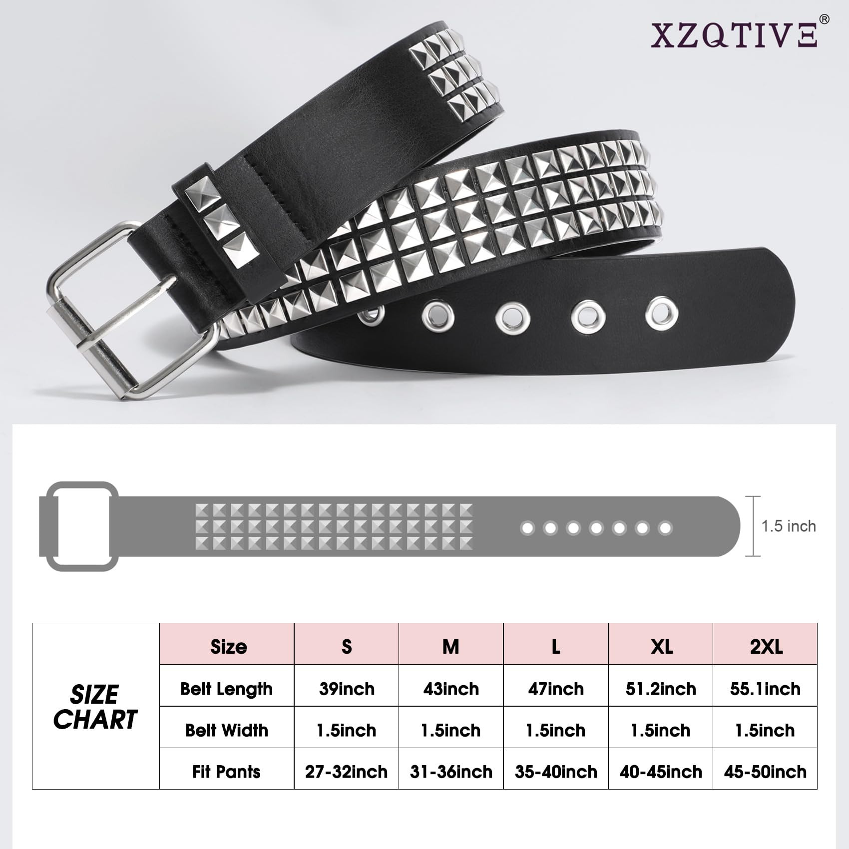 XZQTIVE Studded Belt with Chain Metal Punk Rock Rivet Belts for Women/Men Punk Leather Belt Gothic Belt Accessories for Jeans Pants (Silver, Fit Pant 31-36 inch)