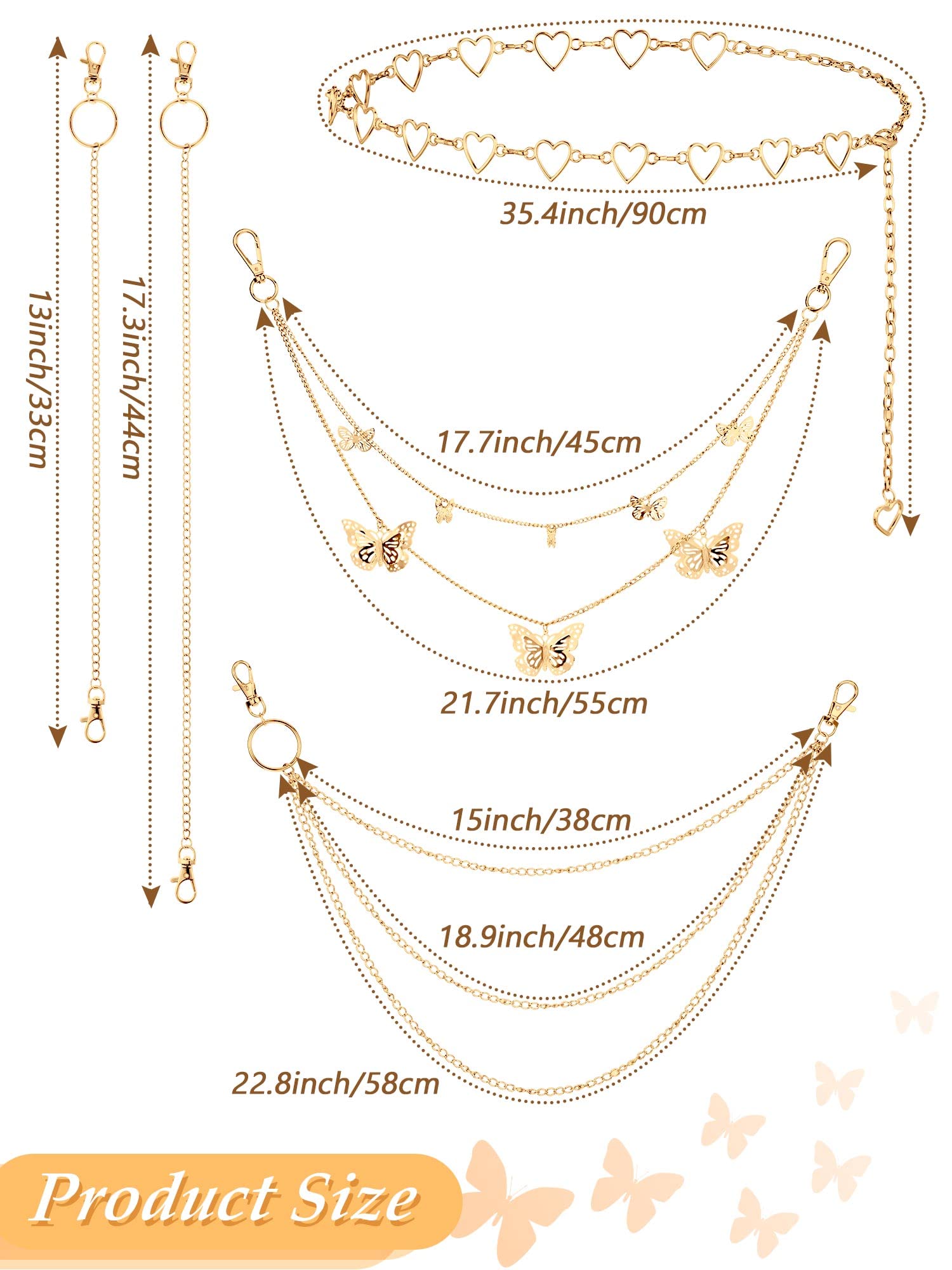 5 Pieces Chain Belt Jeans Pants Chain Pocket Waist Chain Multi-Layer Hip Hop Metal Wallet Chain for Men Women (Butterfly, Heart,Gold)