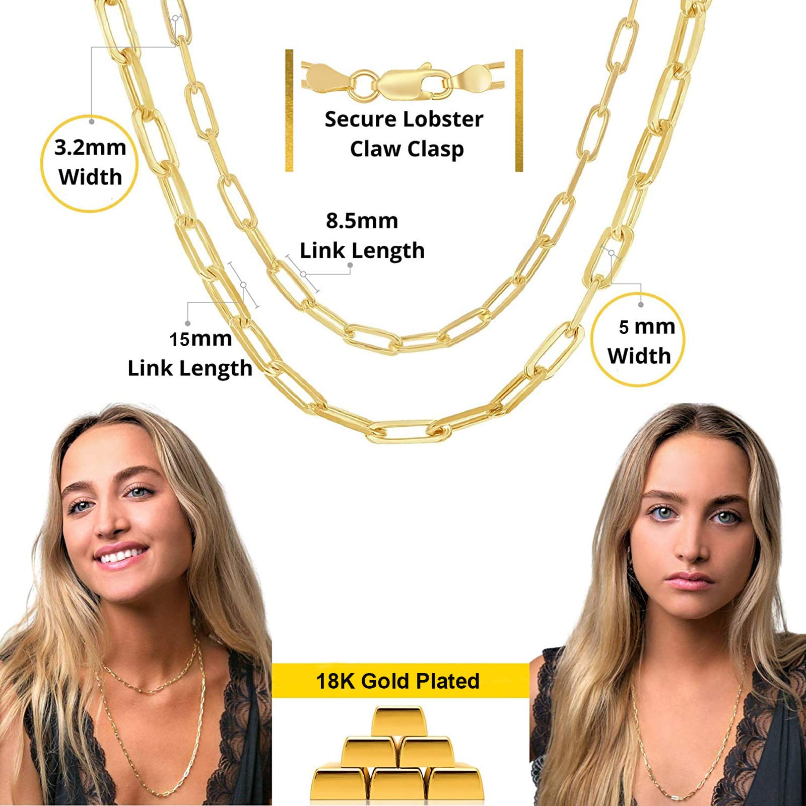 RWQIAN 18k Gold Dainty Oval Link Paperclip Chain Necklace Set for Women and Girls (18K Gold)